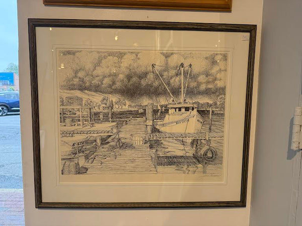 Etching of Docked Miss Edith – Annapolis Marine Art Gallery